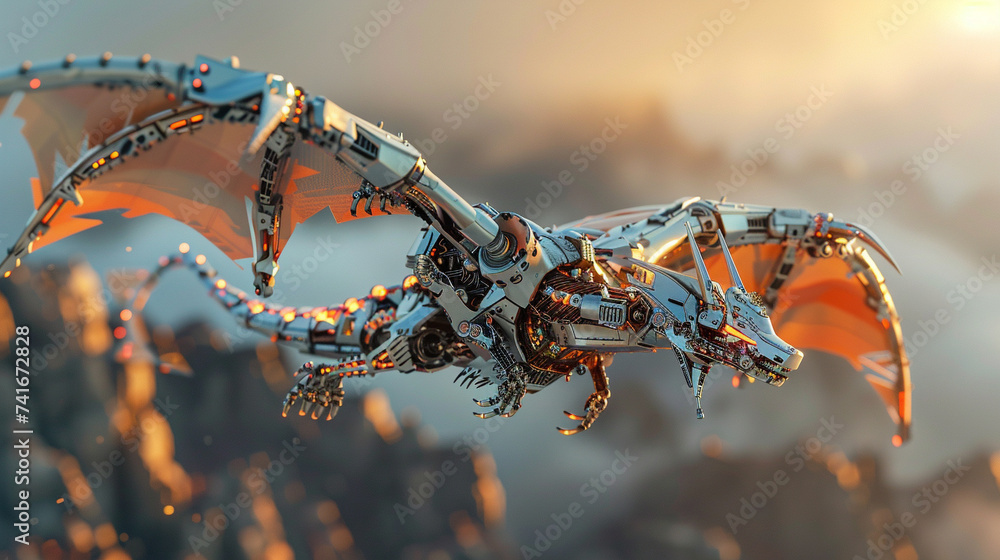 Robotic dragon design in flight captured in soft light designed for ...