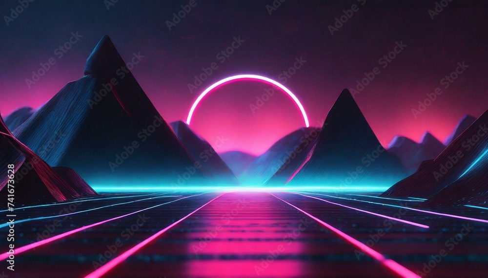Synthwave retro cyberpunk style landscape background banner or ...