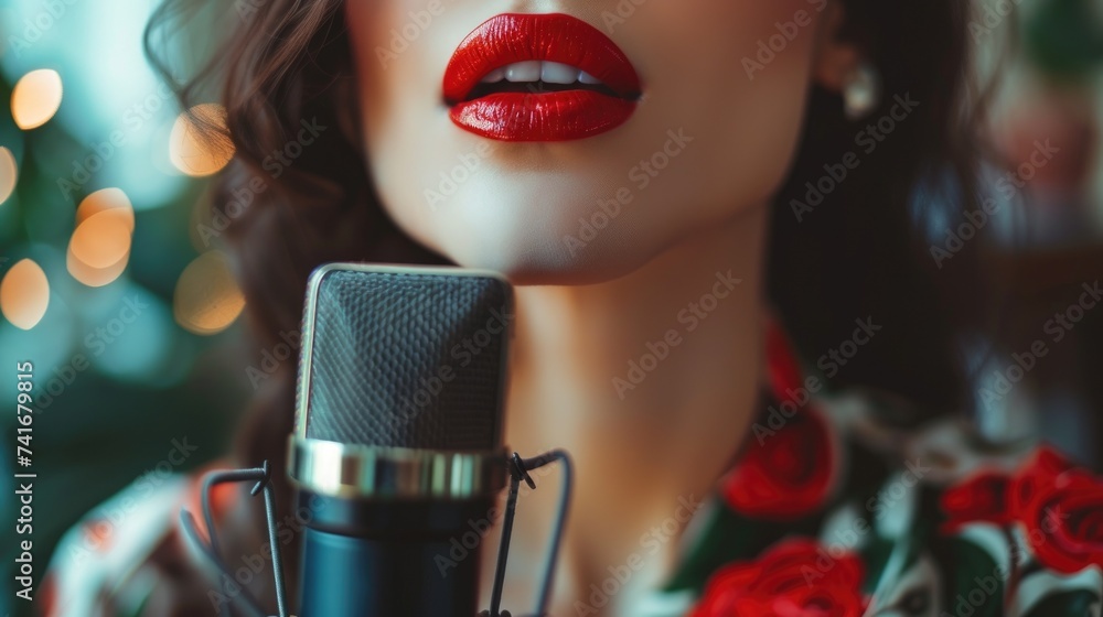 Vocal Allure: Red-Lipped Broadcast. A close-up of a broadcaster's red ...