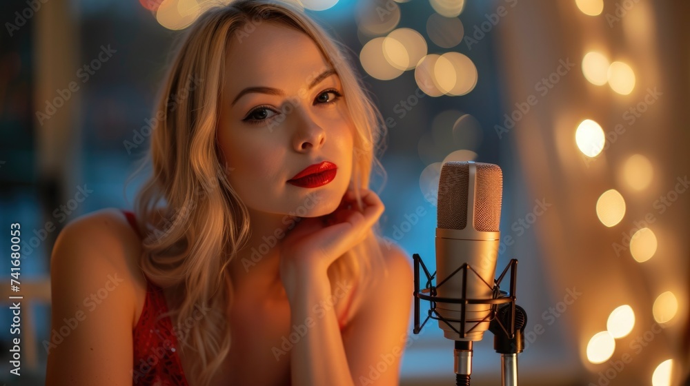 The warm glow of studio lights dances on the face of a blonde singer ...