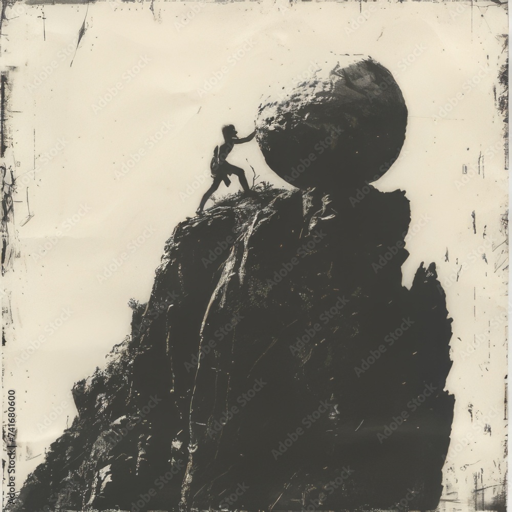 image of sisyphus pushing his boulder up a hill printed in black ink on ...