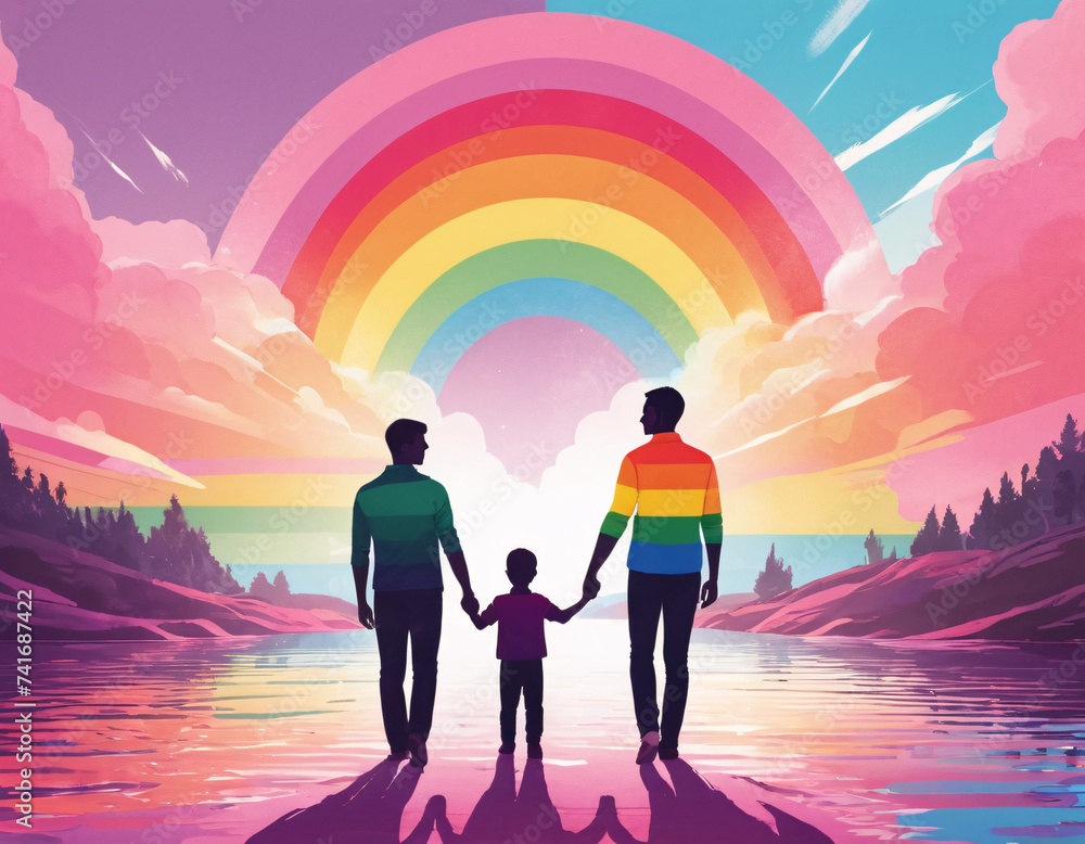 Drawing of a non-traditional family. Rear view of two men and their son ...