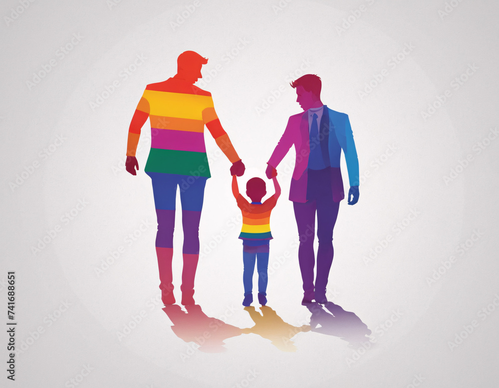 Drawing of a non-traditional family. Rear view of two men and their son ...