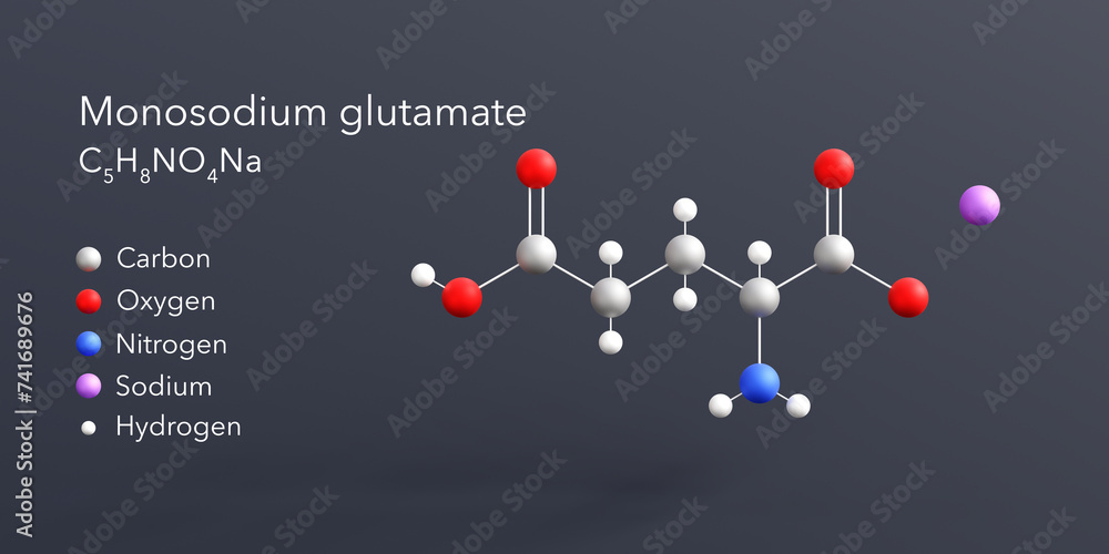 monosodium glutamate molecule 3d rendering, flat molecular structure ... monosodium glutamate molecule 3d rendering, flat molecular structure ...