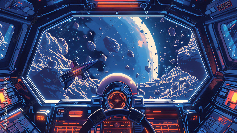 Pilot navigating through asteroid fields her cockpit a blend of ...