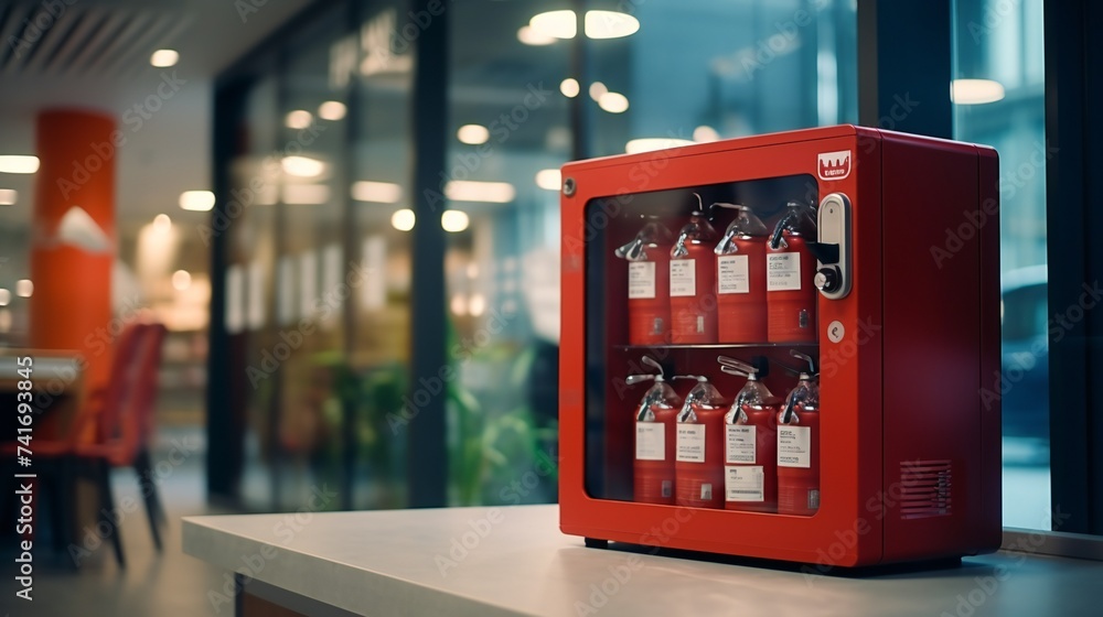 Fire safety plan box or cabinet in building lobby. Residential and ...