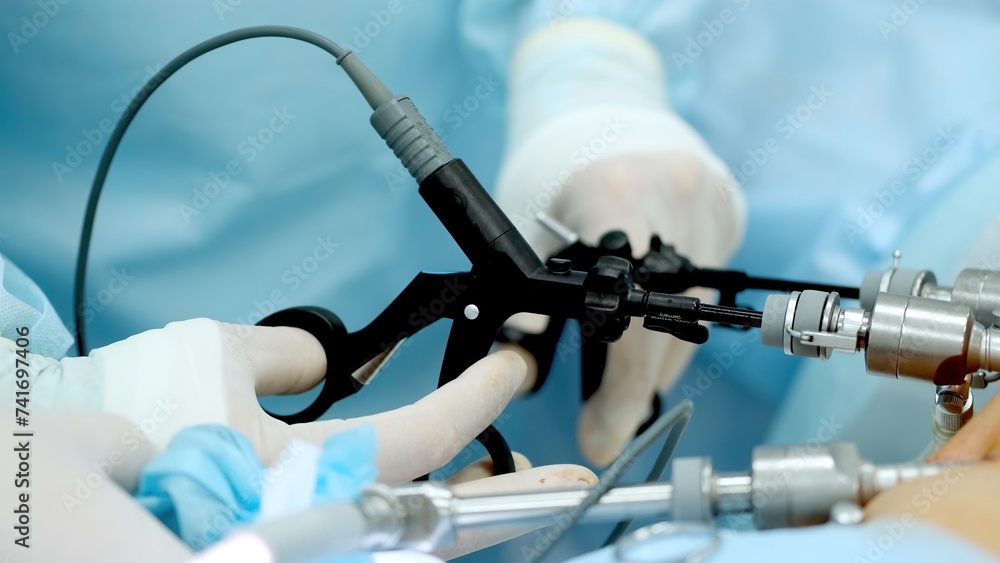 Hands of surgeons with the help of endoscopic equipment and instruments ...
