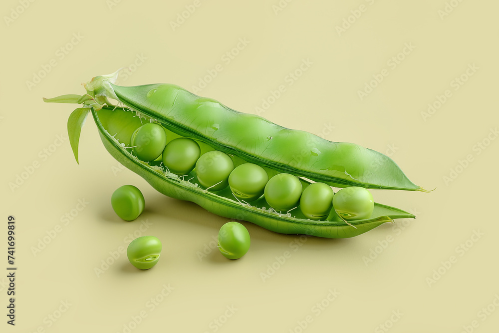 Minimal scene with fresh green peas in open pod isolated on pastel ...