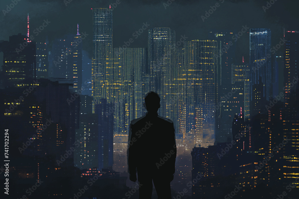 a cinematic shot of an unknown man standing alone in front of a ...