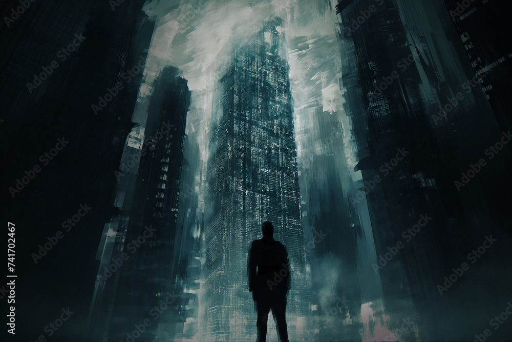 a cinematic shot of an unknown man standing alone in front of a ...