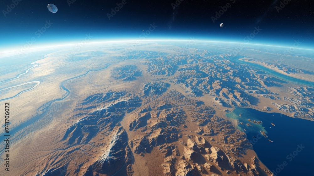 Arid desert planet with mountain ranges and a large body of water Stock ...
