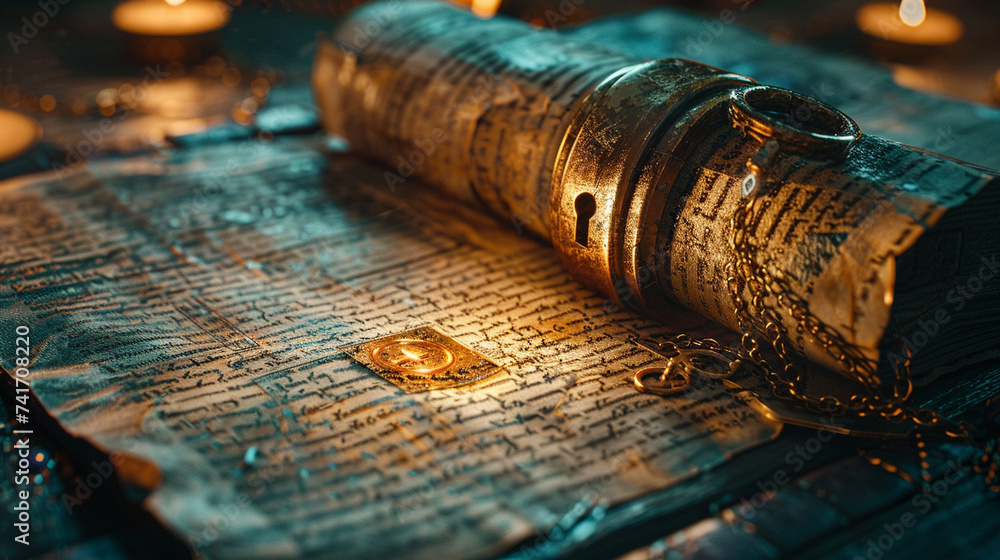 Cybersecurity digital lock on ancient manuscript blending old and new ...