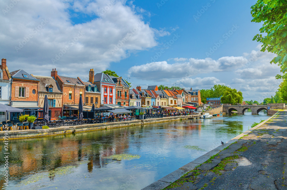 Amiens cityscape old town, promenade Quai Belu of Somme river with ...