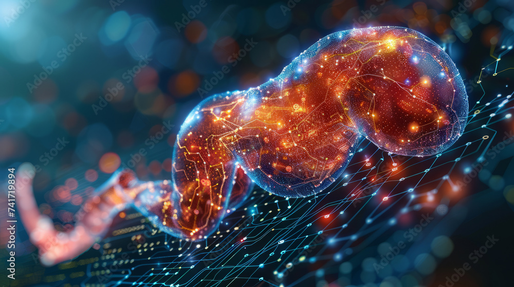 Human embryo connected to the lines of a printed circuit board ...