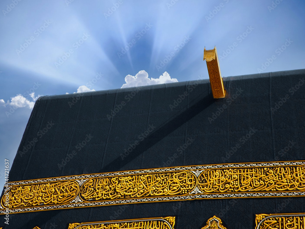The golden doors of the Holy Kaaba closeup, covered with Kiswah ...