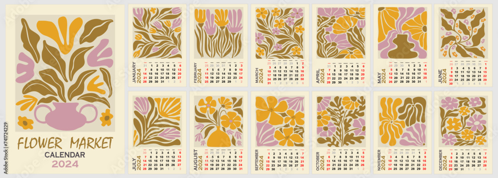 Floral calendar template for 2024 . Vertical design with abstract ...