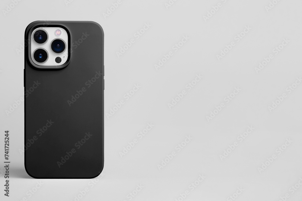 iPhone 15 pro in black case back view, smartphone mock up banner with ...