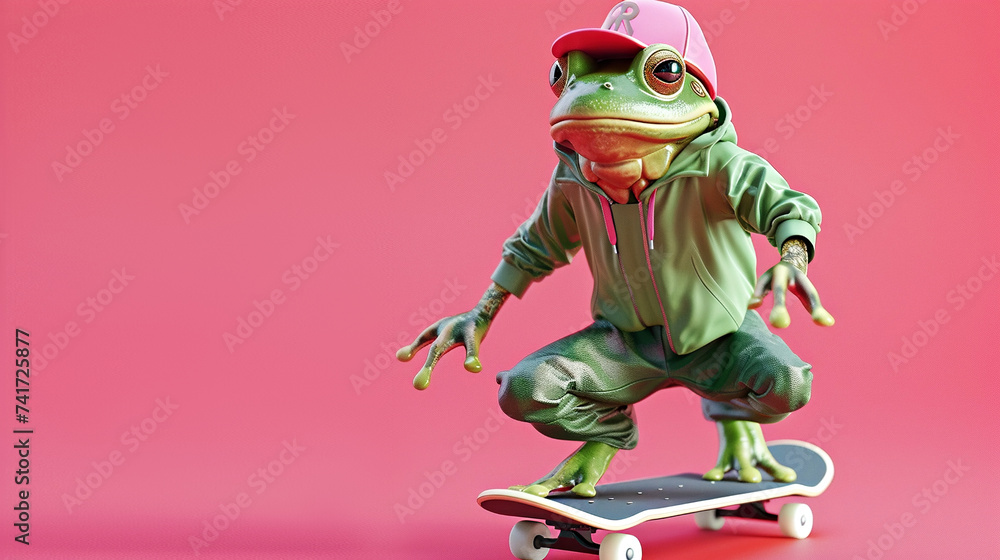 Modern funny frog in a baseball cap rolls on a skateboard in a dynamic ...