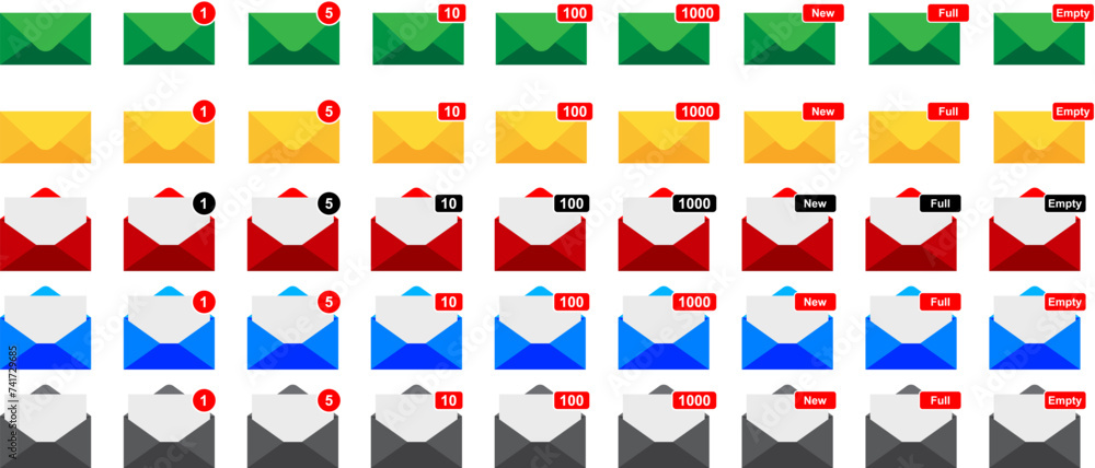 email icon collection in green, yellow, red, blue and black colors with ...