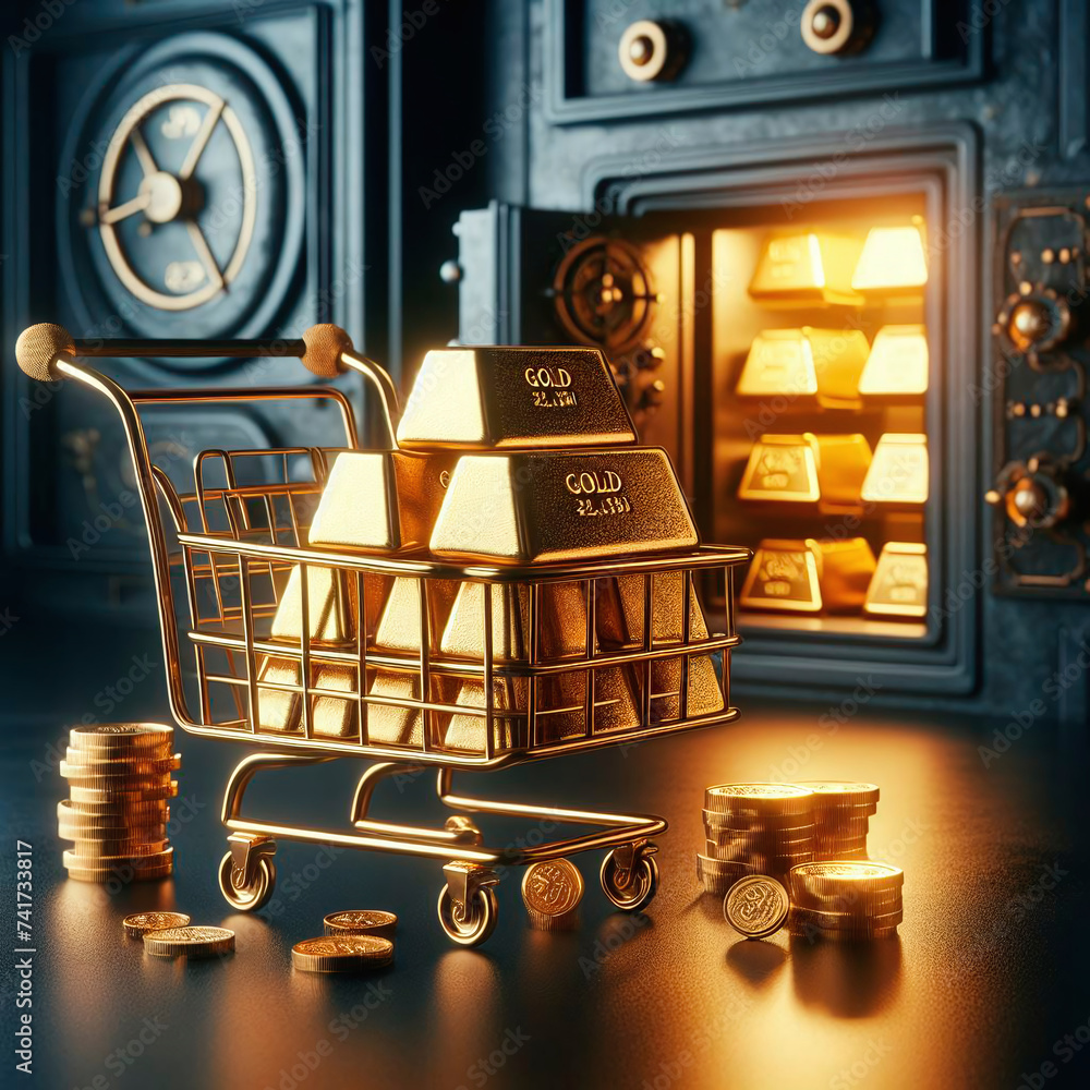Shopping cart with gold bars and gold ingots on dark background Stock ...