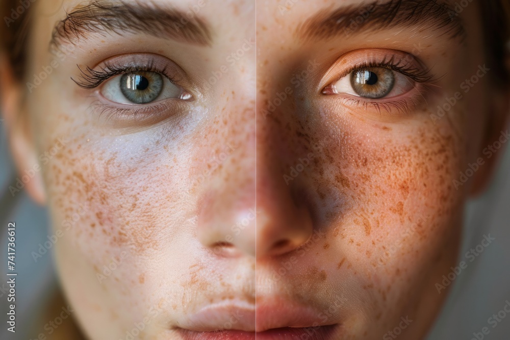 Before and after photos of facial skin, demonstrating the results of ...