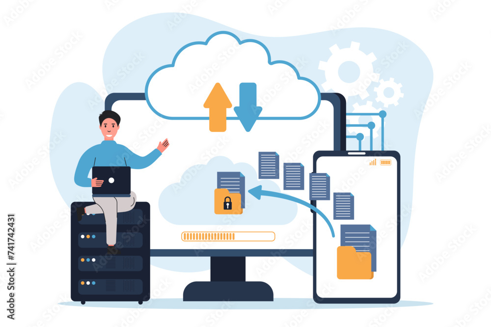 Cloud computing isolated. Secure connection, storage and cloud technology.Data transfer folders ...