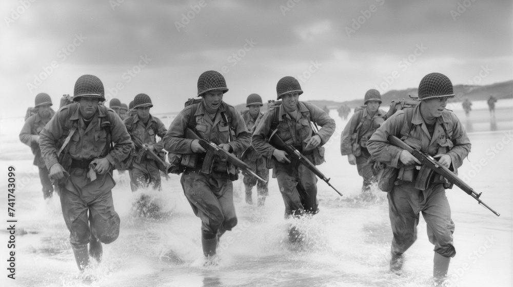 Historic black and white photo of Allied troops landing on Normandy ...