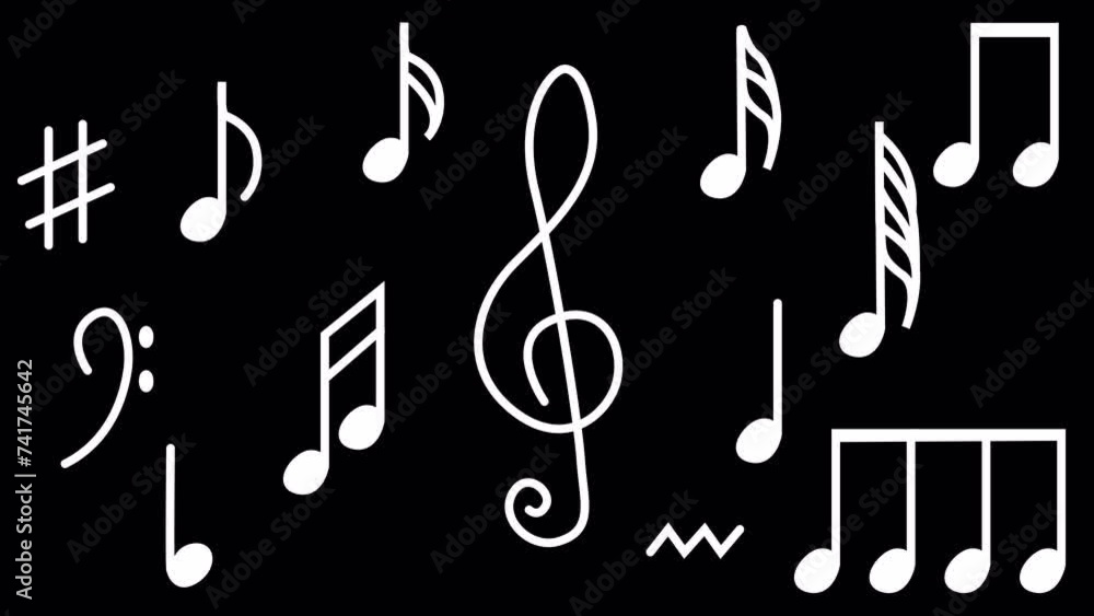 White notes and treble clef on a black screen. Stock animation with ...