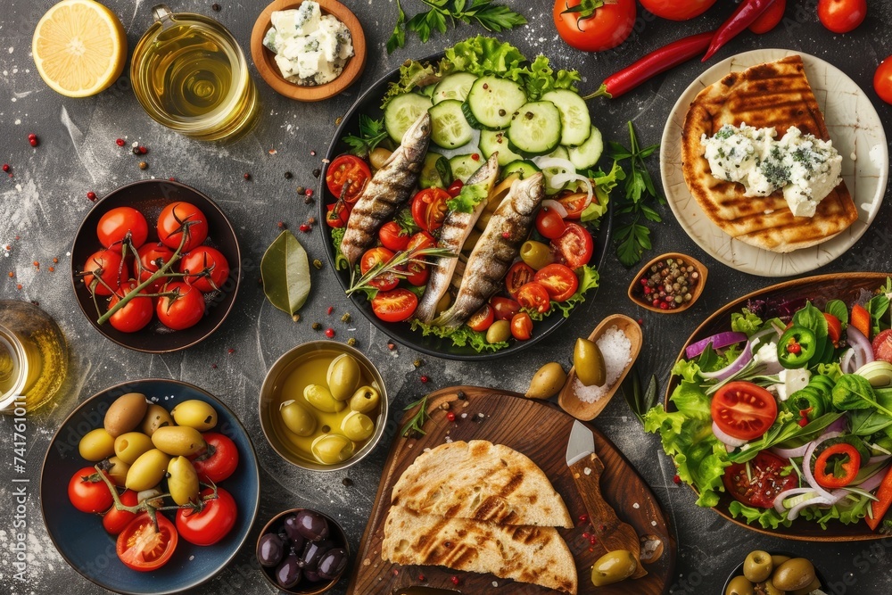 Greek food background. Meze, gyros, souvlaki, fish, pita, greek salad ...
