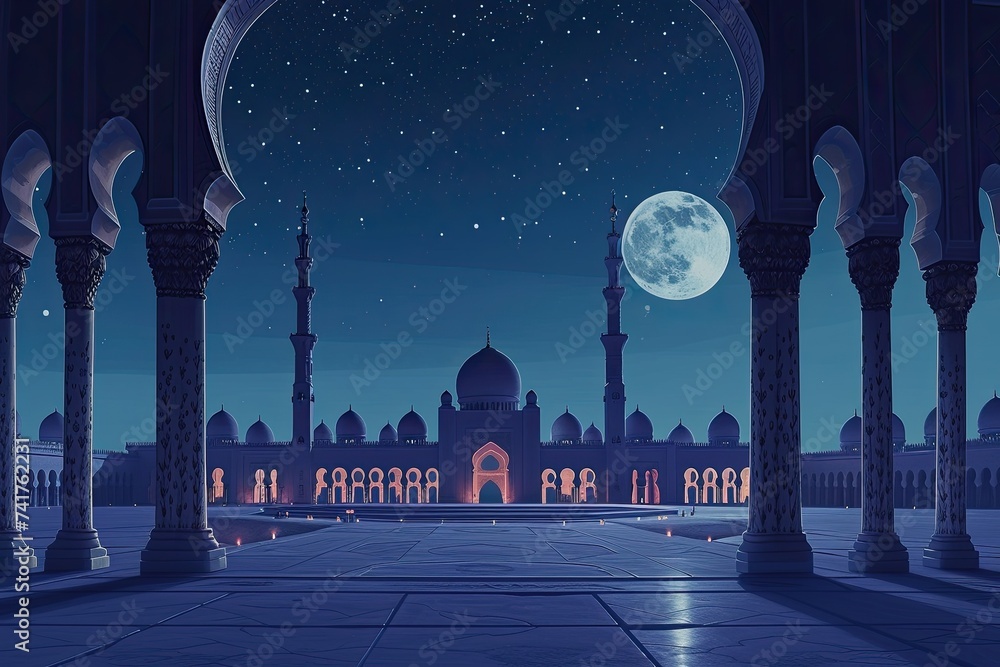 Design showing the intricate architecture of a mosque in moonlight ...