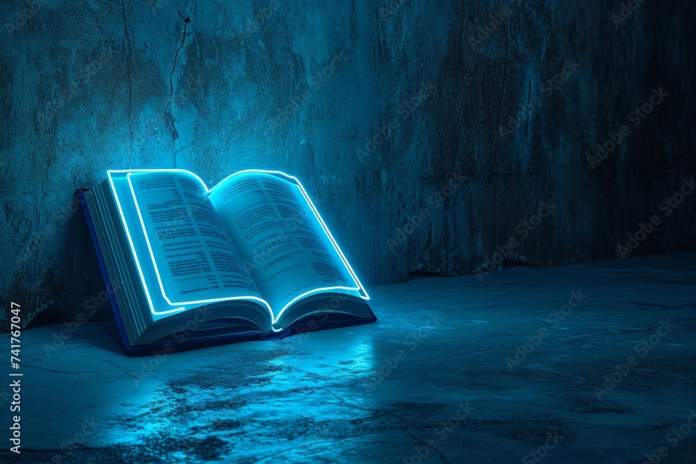open book blue neon simplified outline. Reading hobby. Education ...
