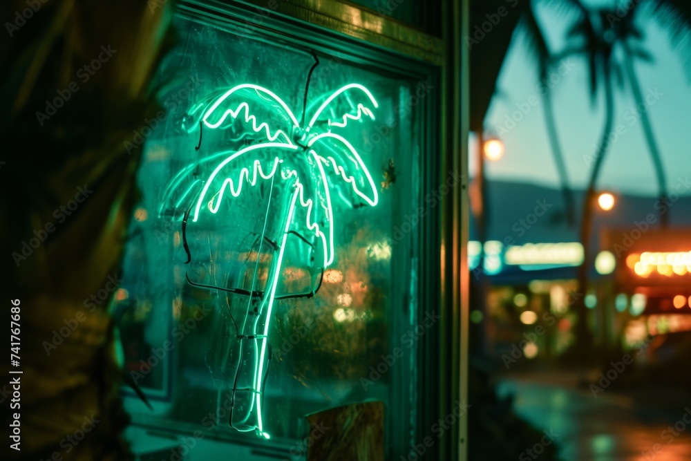 palm tree green neon light sign glowing at night on glass window wall ...