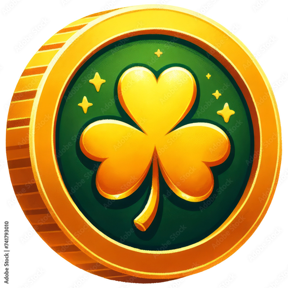 St Patrick Day gold coin with shamrock, watercolor decoration, isolated ...