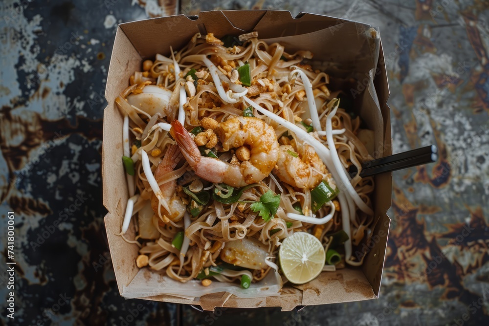 Comida asiática para llevar. Envase cuadrado con alimento de tipo ...