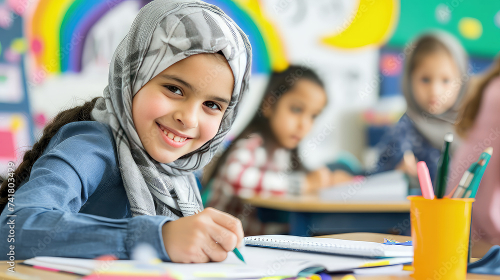 Portrait of a Muslim girl hijab in classroom. Her hijab symbolizes her ...