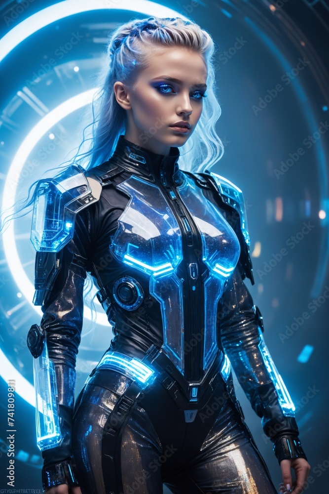 Futuristic Female Warrior in a Neon-Lit Sci-Fi Corridor Ready for ...