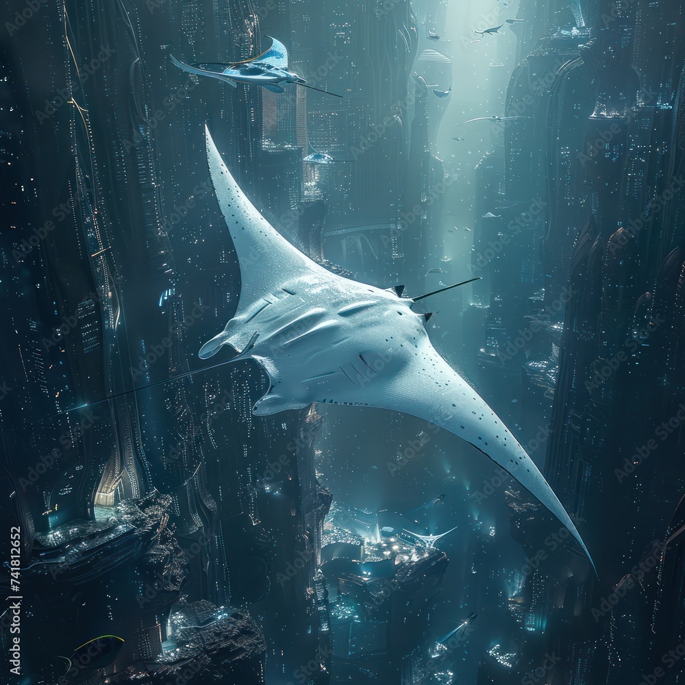 A white manta ray leading megafauna across a visualization of time from ...