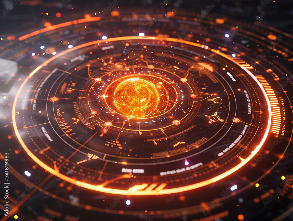 3d render of a circle HUD for a cosmic weather station with solar flare ...