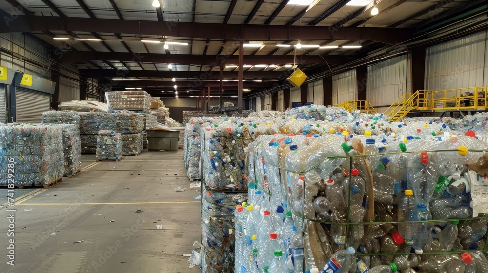 Stacked bales of recycled plastic bottles at a recycling facility ...