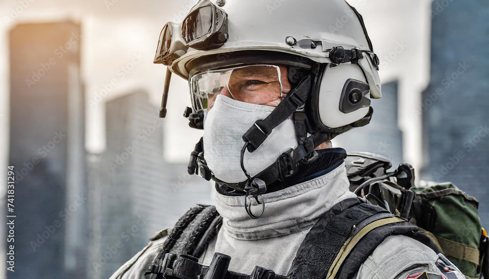 Soldier man standing against a field. Portrait of happy military ...