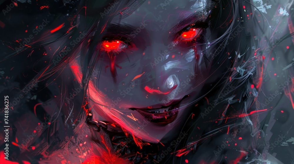 Evil girl face with red eyes and fanged smile AI generated image Stock ...