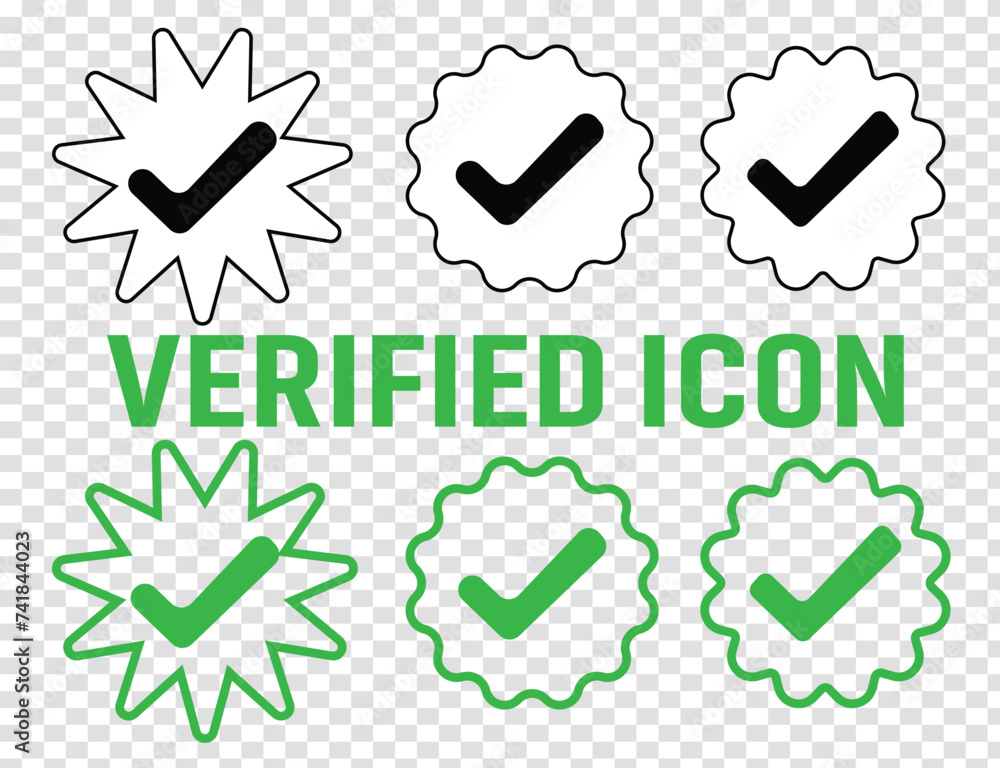 Vetor de Set of social media verified icons. Tick in circle with zigzag ...
