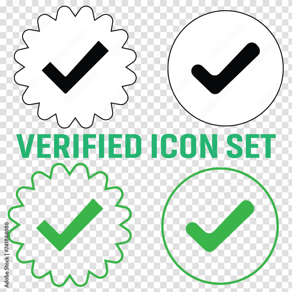 Set of social media verified icons. Tick in circle with zigzag ...