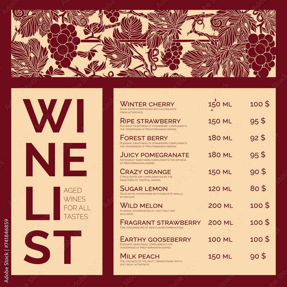 Types of wine grapes. Drink passport. Wine list. Bar menu. Vineyard ...