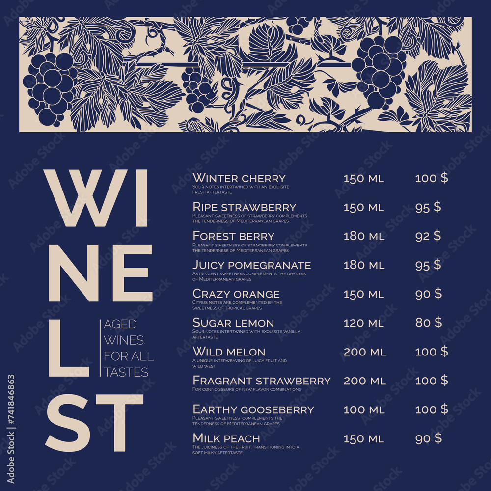 Types of wine grapes. Drink passport. Wine list. Bar menu. Vineyard ...