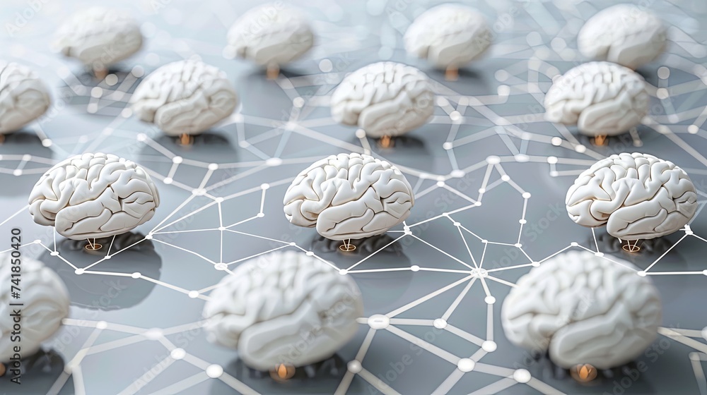 A multitude of human brains linked together by a glowing grid. The ...