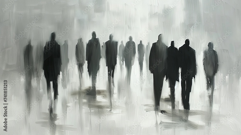 Gray crowd on a city street on a weekday. Silhouettes of business ...