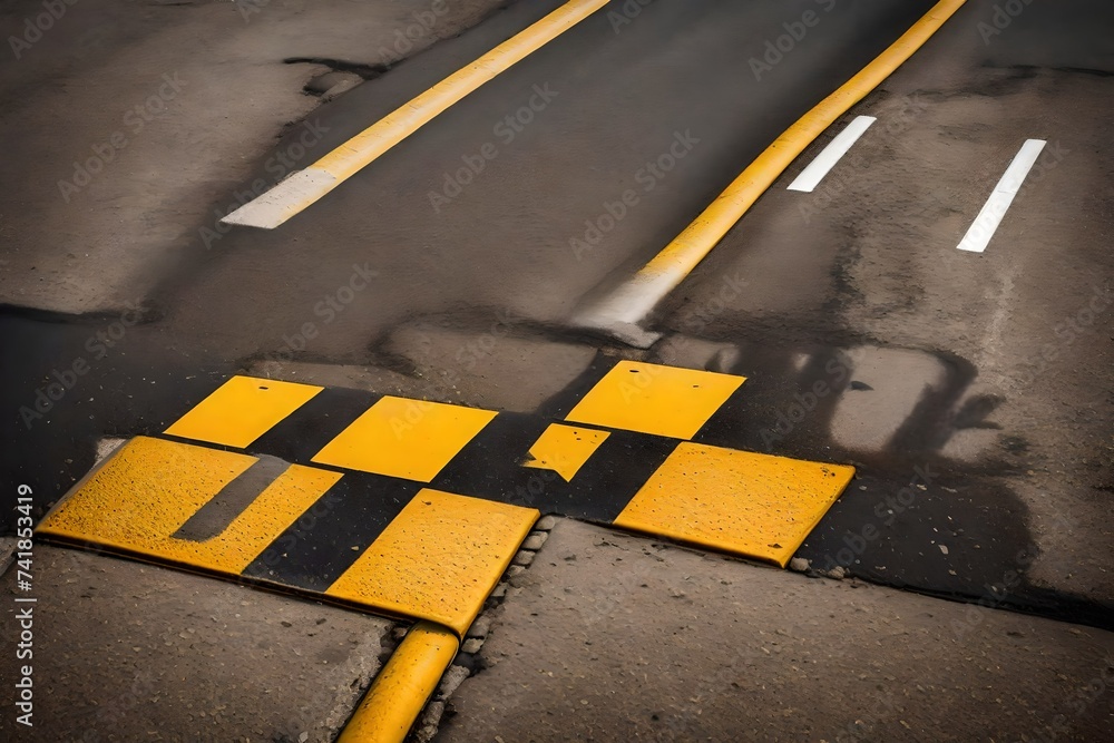 Traffic safety speed bump on an asphalt road in a parking area. Speed ...
