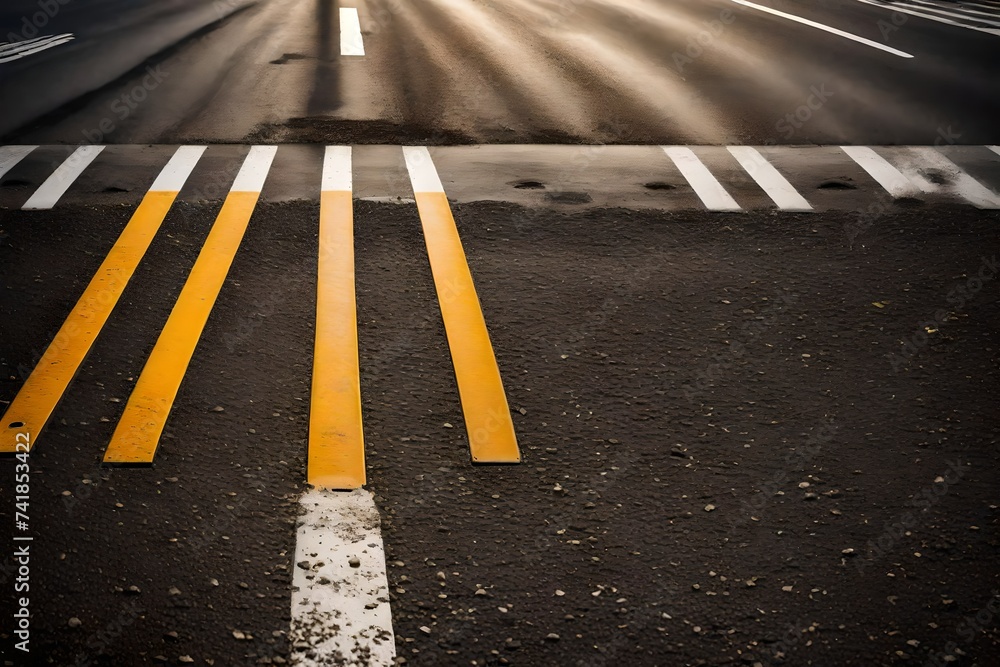 Traffic safety speed bump on an asphalt road in a parking area. Speed ...