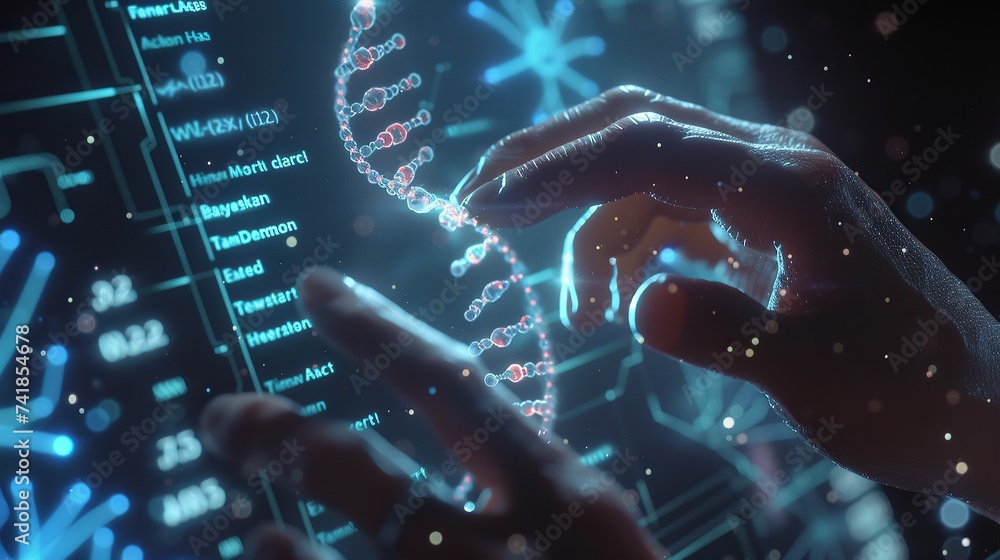 In the image, a person's fingers are poised to touch a glowing ...